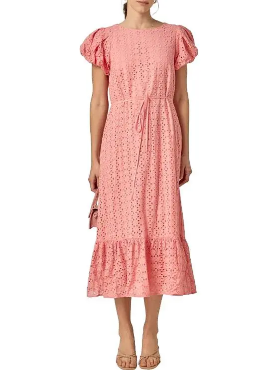 English Factory Eyelet Tie Waist Midi Dress With Puff Sleeves - Pink