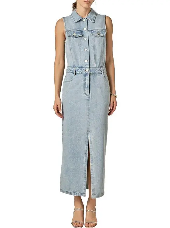 English Factory Sleeveless Denim Maxi Shirt Dress - Light Blue