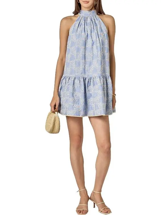 English Factory Embroidered Stripe Sleeveless Dress - Blue Stripe