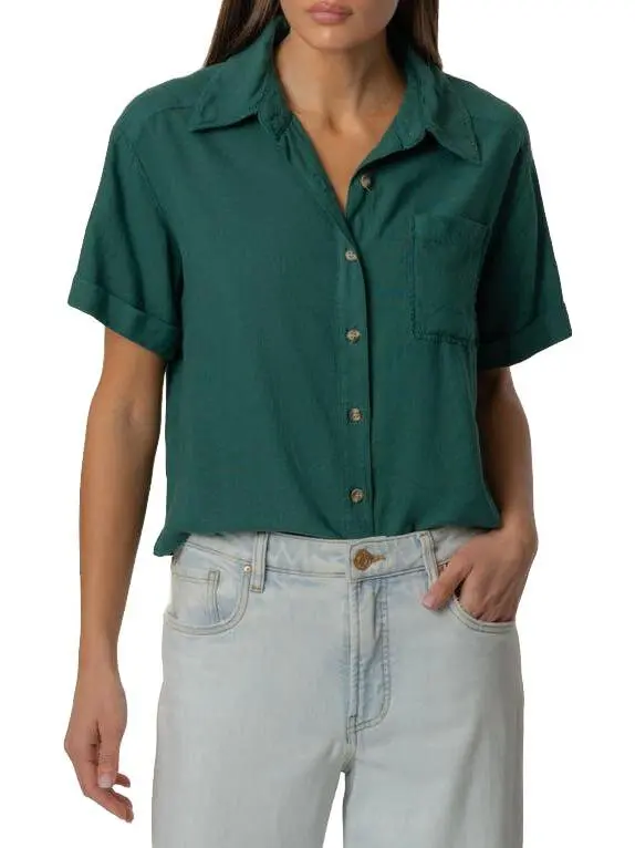 Kut From The Kloth Aida Linen Blend Short Sleeve Button-up Top - Jungle
