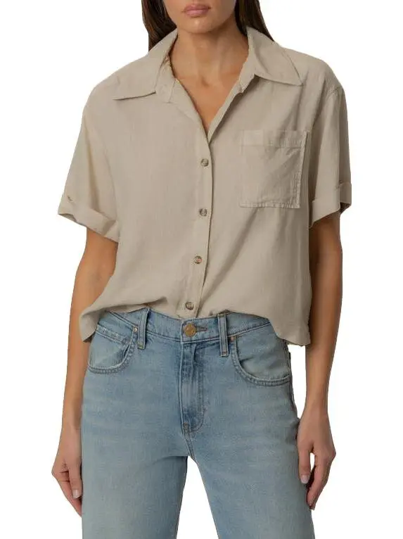 Kut From The Kloth Aida Linen Blend Short Sleeve Button-up Top - Sand