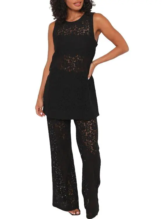 PETAL & PUP Lace Tank And Wide Leg Pants Set - Black