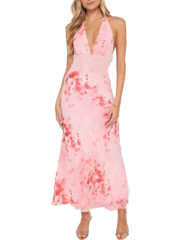 PETAL & PUP Gwyneth Halter Neck Maxi Dress - Pink Floral