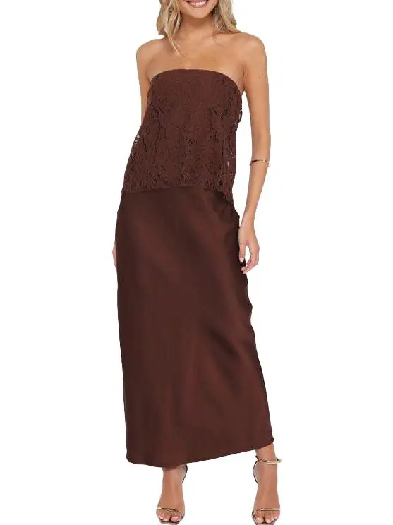 PETAL & PUP Strapless Maxi Dress With Lace Bodice - Brown