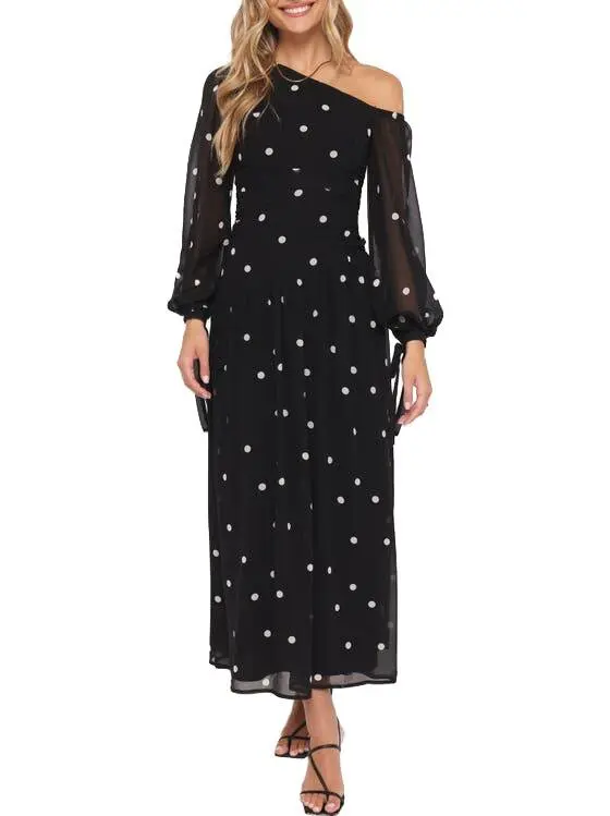PETAL & PUP Levine One-shoulder Maxi Dress - Black Polka Dot