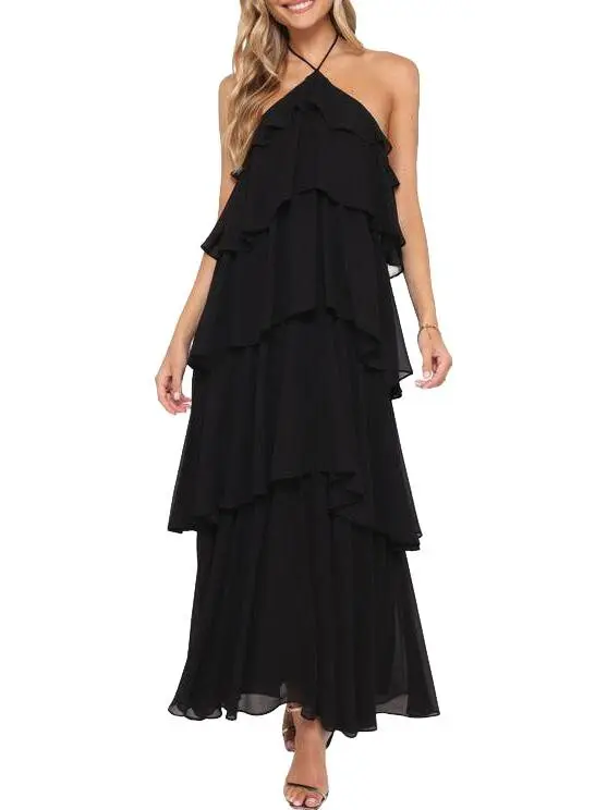 PETAL & PUP Chasity Halter Neck Tiered Maxi Dress - Black