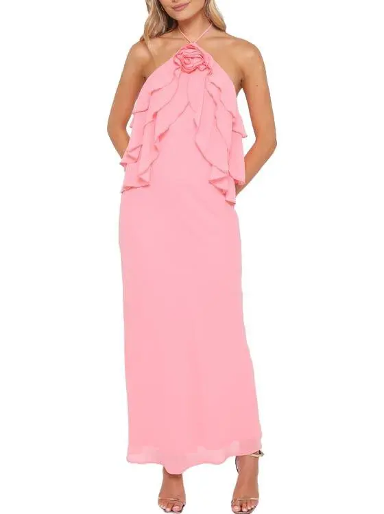 PETAL & PUP Zorina Halter Maxi Dress With Ruffles - Coral Pink