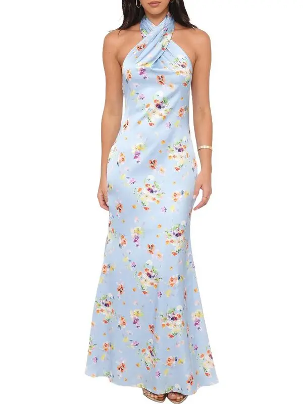 PETAL & PUP Mila Halter Maxi Dress In Floral Print - Cornflower Blue Floral