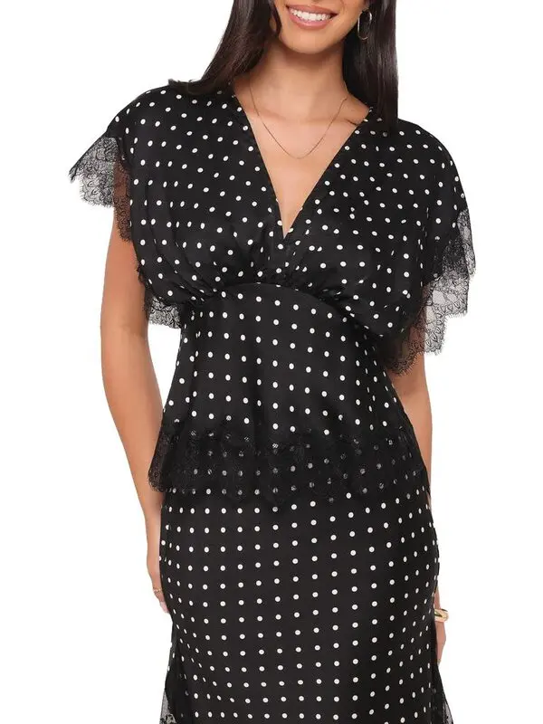 PETAL & PUP Polka Dot Lace Trim V-neck Top - Black Polka Dot