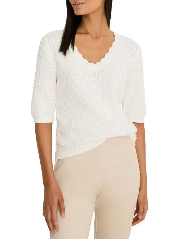 NIC+ZOE Scalloped Trim Textured V-neck Sweater - Paper White