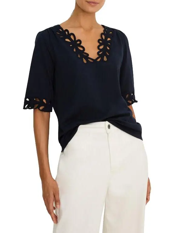 NIC+ZOE Rococo Soutache Embroidered Trim Top - Dark Indigo
