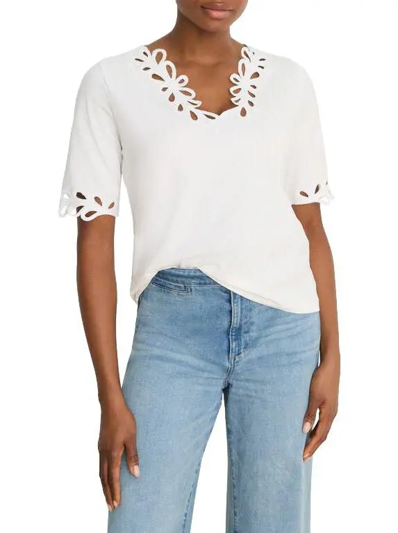 NIC+ZOE Rococo Soutache Embroidered Trim Top - Paper White