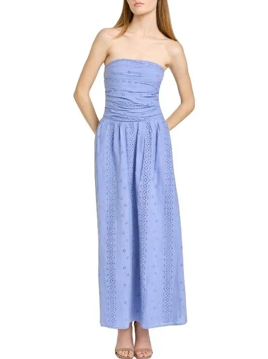 WAYF Pippa Strapless Gathered Midi Dress - Chambray