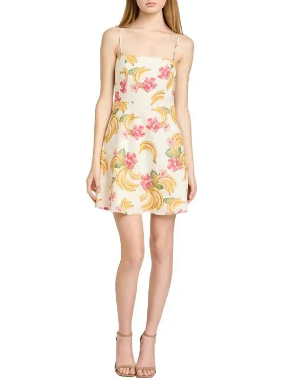 WAYF Havana Fruit Print Linen Blend Mini Dress - Cream Bananas