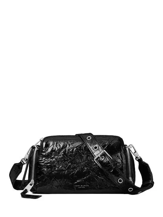 Tory Burch Perry Voyager Crinkled Patent Leather Crossbody Bag - Black