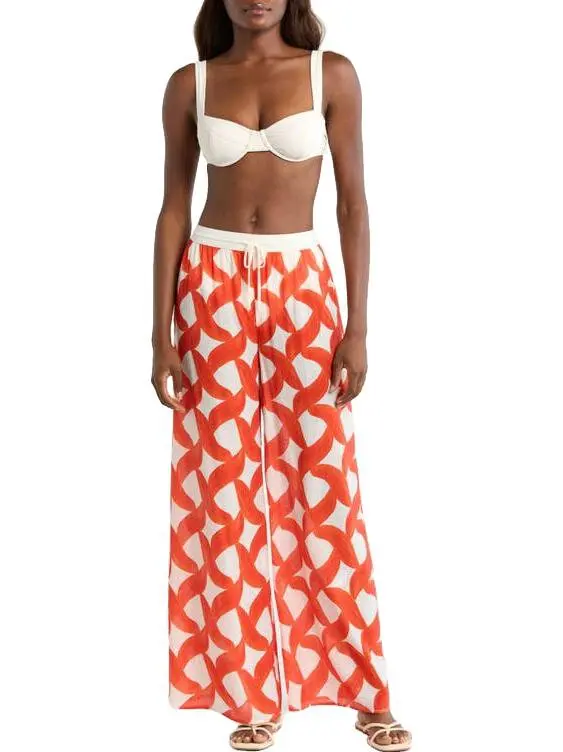 HUTCH Riviera Sequin Wide Leg Pants - Ivory/coral Brushstroke Diamond Geo