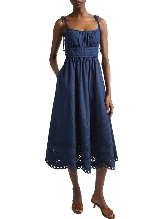 Zimmermann Mohan Broderie Anglaise Trim Denim Midi Dress - Ink