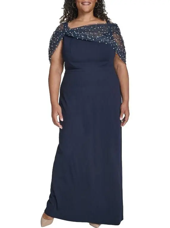 Eliza J Beaded Mesh Overlay Crepe Column Gown - Navy
