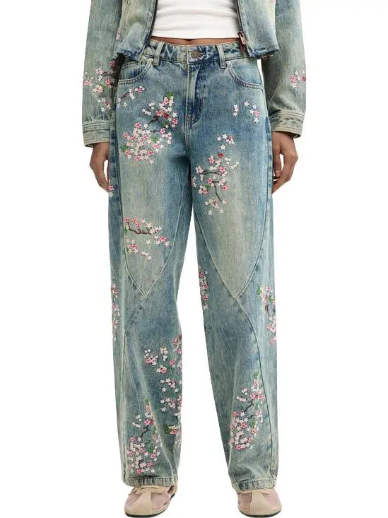 Desigual Floral Embroidery Straight Leg Jeans - Medium Blue