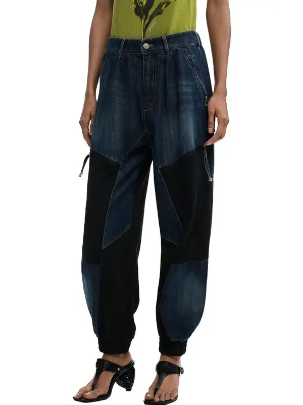 Desigual Patchwork Barrel Leg Jeans With Zip Pockets - Medium Blue
