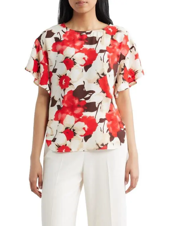 Anne Klein Floral Print Flutter Sleeve Top - White Dove Multi