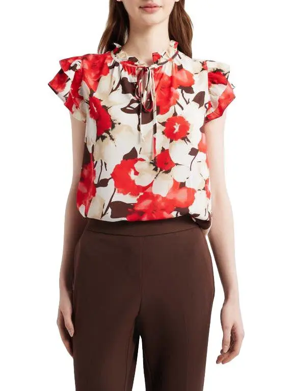 Anne Klein Floral Tie-neck Ruffle Top - White Dove Multi