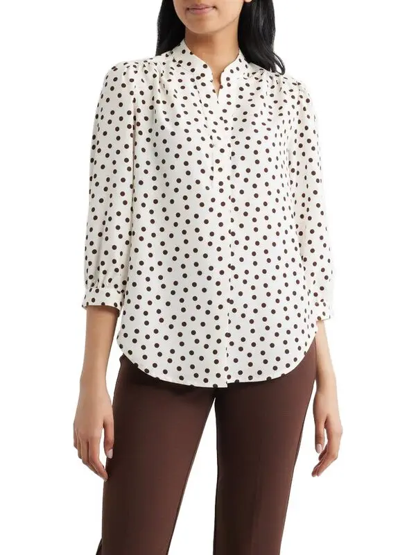 Anne Klein Polka Dot Split Neck Top - White Dove/chocolate