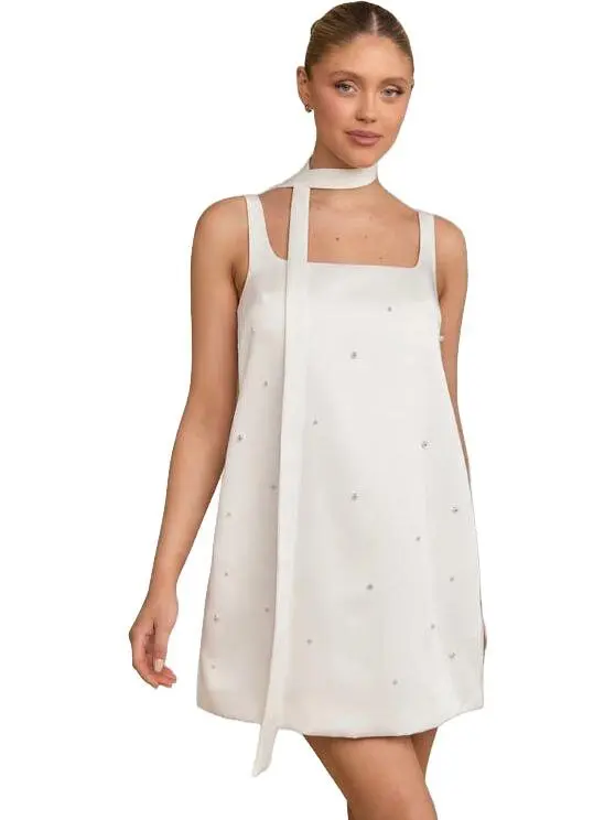 SIX STORIES Anya Scatter Bead Mini Dress With Neck Scarf - White