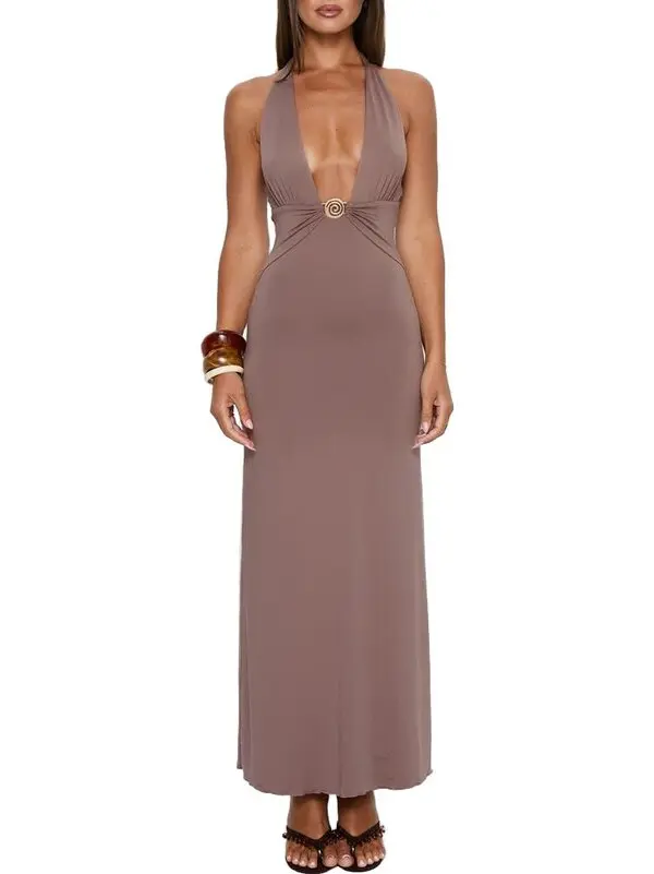 Princess Polly Naysana Plunge Halter Maxi Dress - Mocha