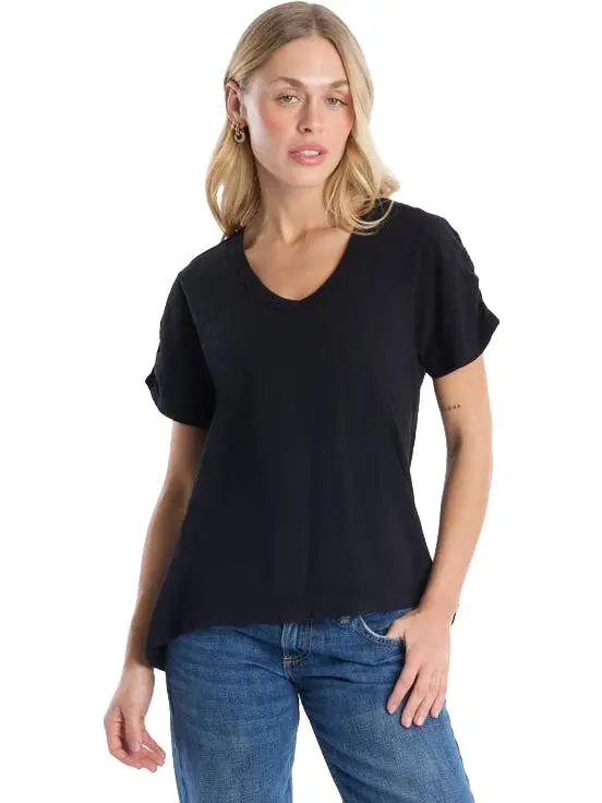 Wilt Deep V-neck Ruched Sleeve Tee - Black