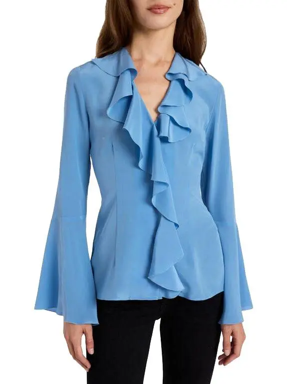 Santorelli Sydney Silk Long Sleeve Ruffle Blouse - Blue Aura