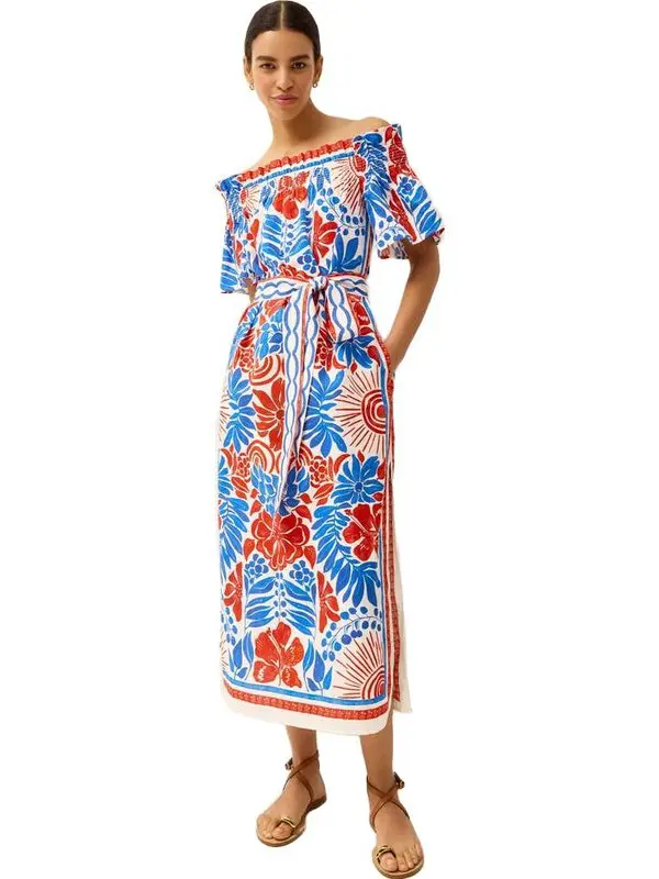 MARIE OLIVER Lola Off-the-shoulder Printed Linen-cotton Dress - Largo