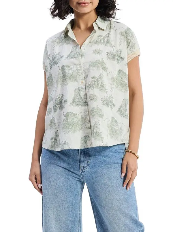 REISTOR Relaxed Fit Animal Print V-neck Shirt - Light Green