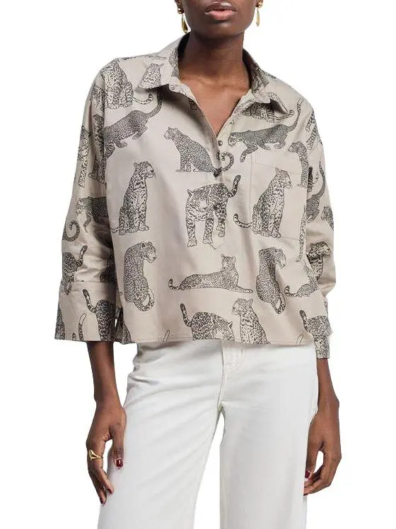 REISTOR Oversized Cropped Button-down Shirt With Animal Print - Grey