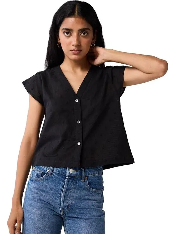 REISTOR V-neck Embroidered Top With Front Buttons - Textured Eyelet In Black