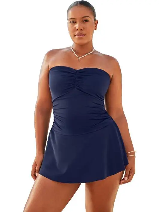 SWIMSUITS FOR ALL Sweetheart Ruffle Bandeau Swimdress With Tummy Control - Navy