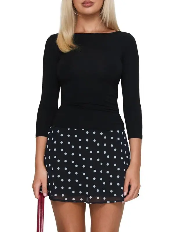 Princess Polly Alouette Stretch Top Bateau Neck, Three-quarter Sleeves - Black