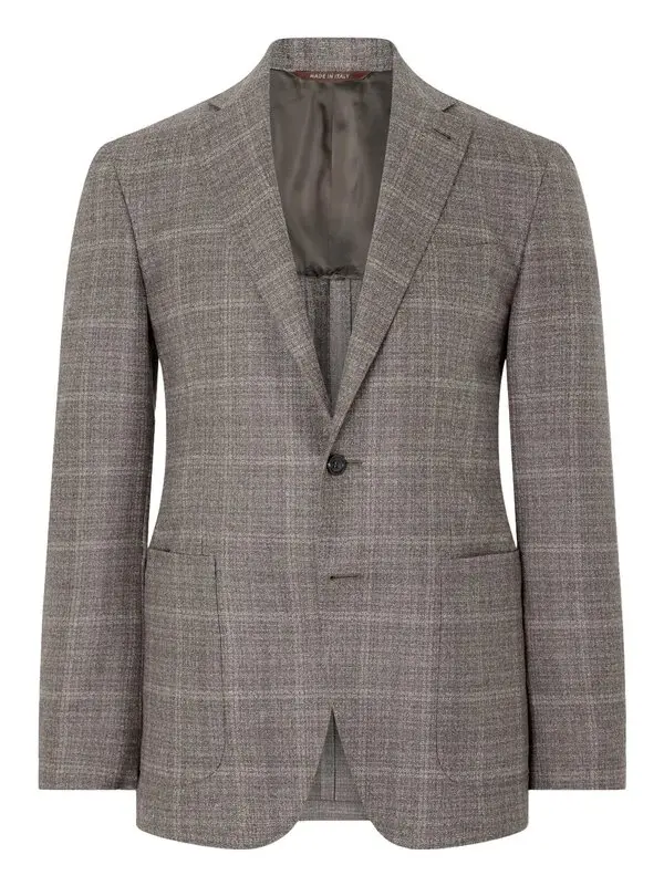 Canali Kei Prince Of Wales Checked Linen Suit Jacket - Brown