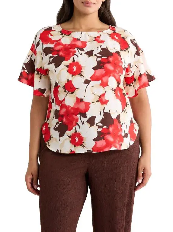 Anne Klein Floral Print Tiered Sleeve Top - White Dove Multi