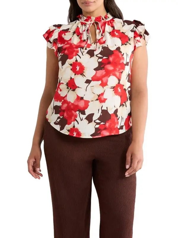 Anne Klein Ruffle Tie Neck Floral Print Top - White Dove Multi