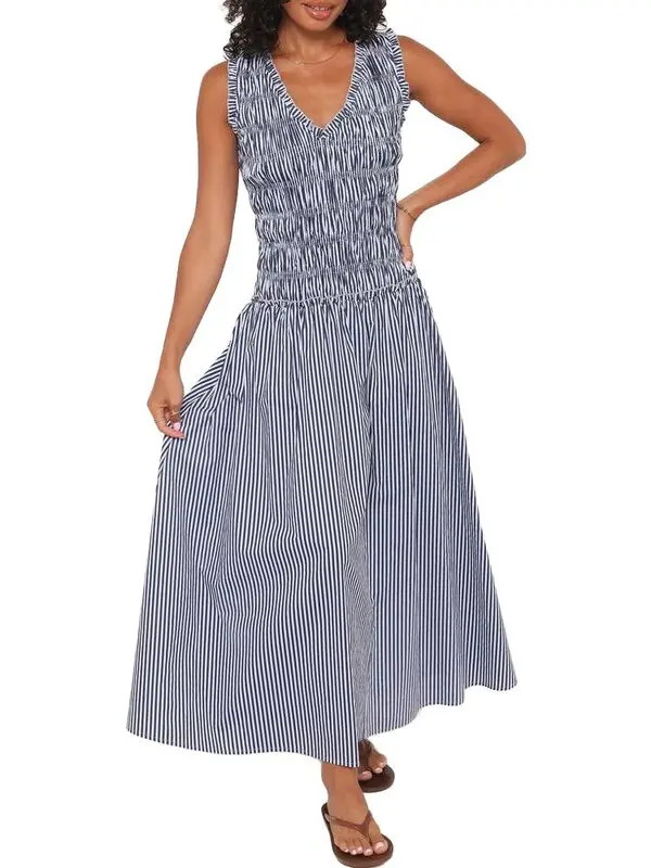 PETAL & PUP Sleeveless Striped Maxi Dress With Ruffled Trim - Blue Stripe
