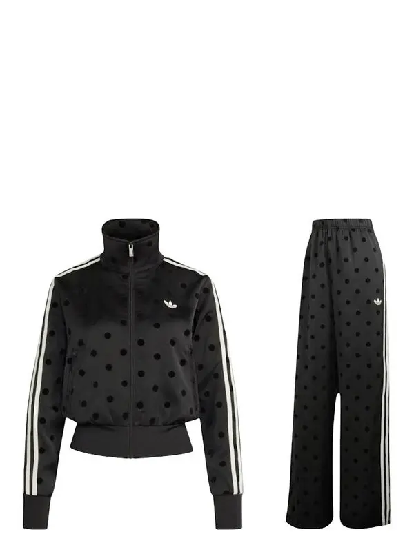 Adidas Satin Polka Dot Track Jacket And Wide Leg Pants Set - Black