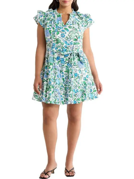 SUGARLIPS Floral Ruffle Sleeve V-neck Mini Dress - White-blue-multi