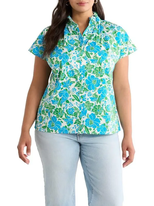 SUGARLIPS Floral Mock Neck Button-up Top - Blue-green-white