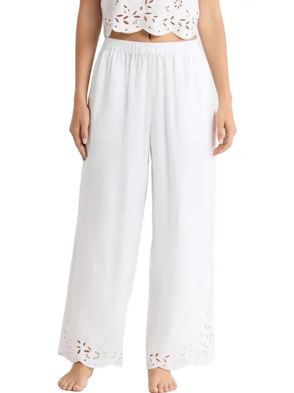 Lunya Embroidered Eyelet Linen Wide Leg Pants - Sincere White