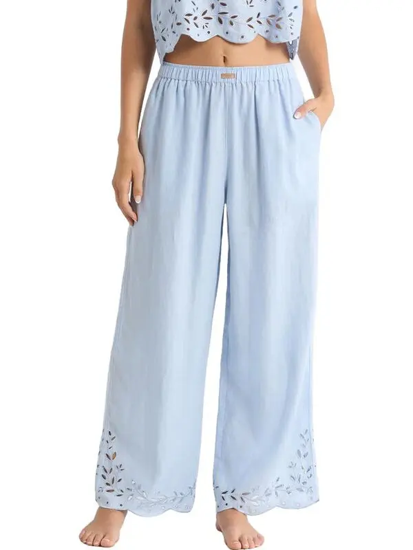 Lunya Embroidered Eyelet Linen Wide Leg Pants - Whisper Blue