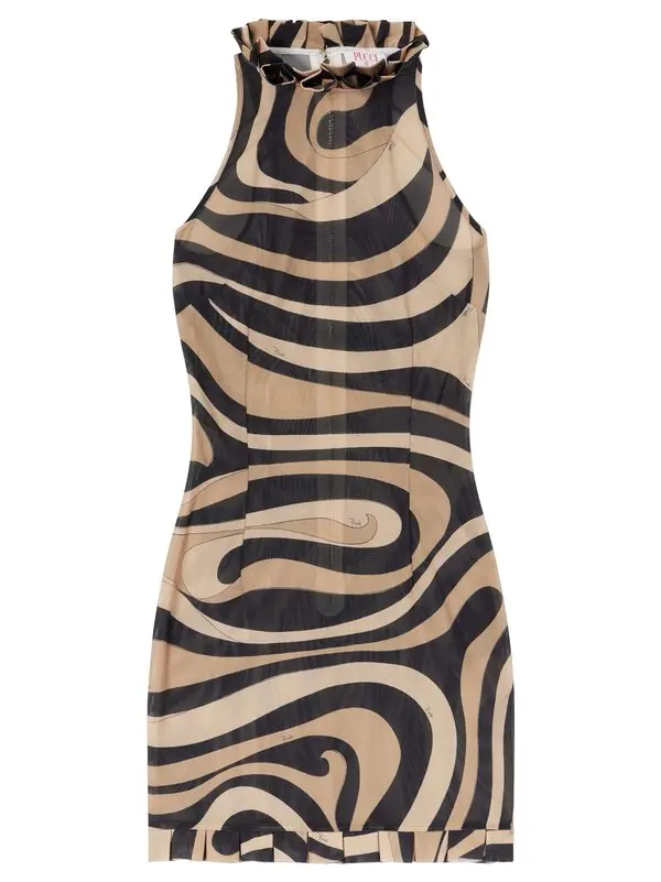 Emilio Pucci Pleated Printed Mesh Mini Dress - Beige
