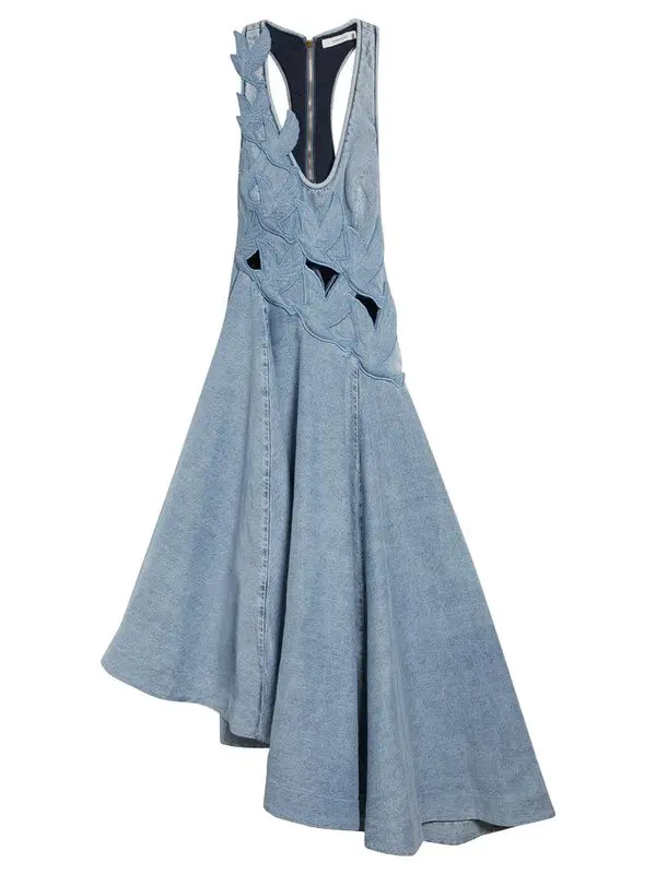 Zimmermann Alchemy Cutout Appliqué Asymmetric Denim Dress - Sea Foam