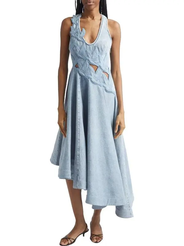 Zimmermann Alchemy Cutout Appliqué Asymmetric Denim Dress - Sea Foam