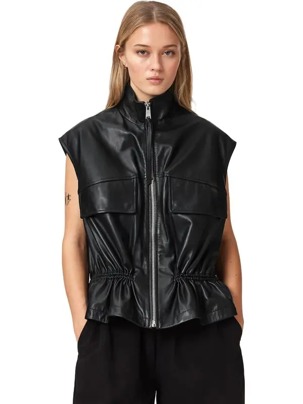 ALLSAINTS Flor Relaxed Fit Leather Gilet - Black